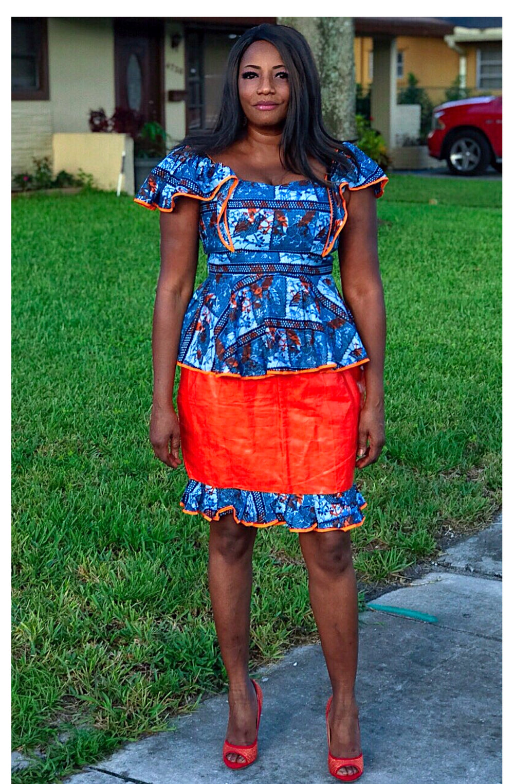 Home Products Tutu African Print Blue And Orange Skirt Suit