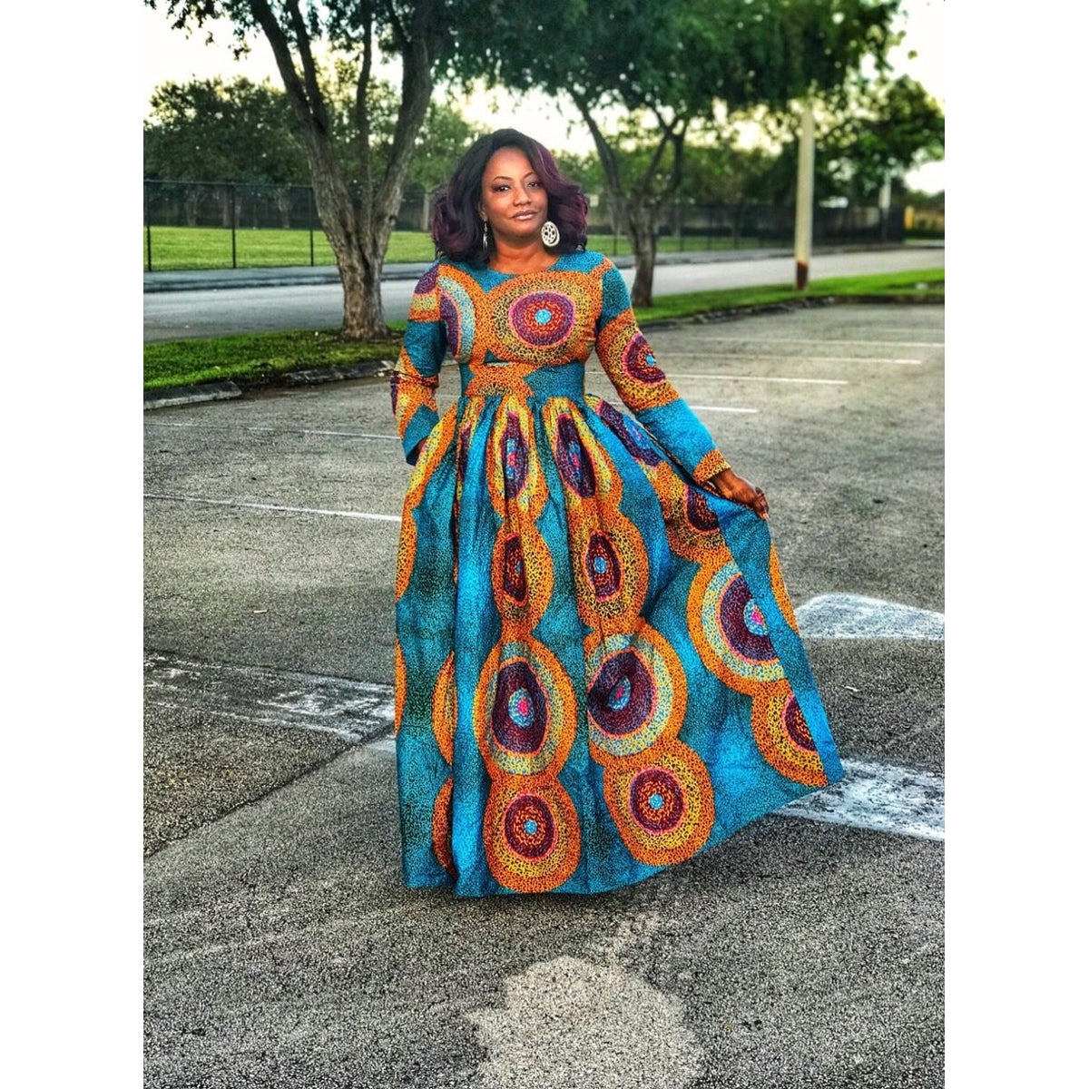 JUJU African Print Long Sleeve Maxi Dress