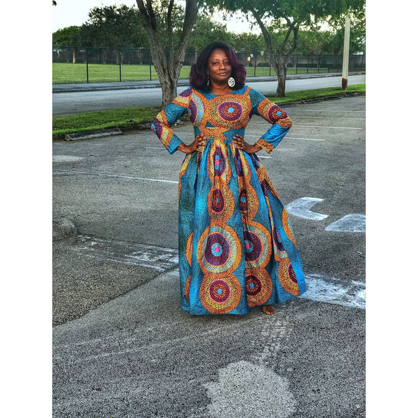 JUJU African Print Long Sleeve Maxi Dress